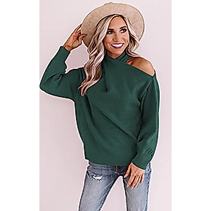 Angashion Women's Sweaters Casual Off Shoulder Tops Crossed V- Neck Long Sleeve Crop Halter Pullover Dark Green Medium