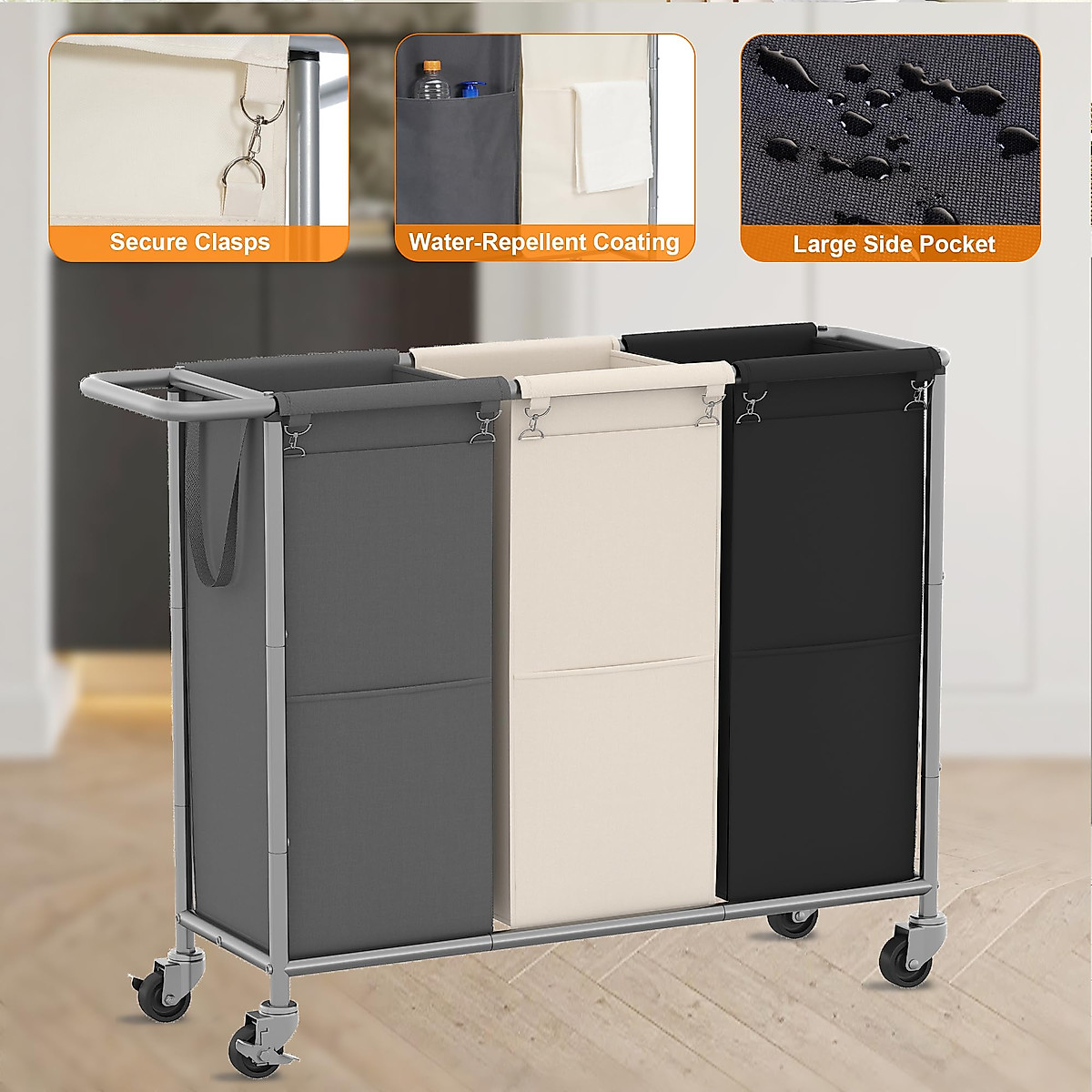 Heybly Laundry Basket,3 x 18.5 Gal Laundry Separator Hamper with Heavy Duty Rolling Wheels,Laundry Divider Sorter with Removable Bags for Dirty Clothes Storage, 40.2 x 15.4 x 33.1 Inches HLH022P03