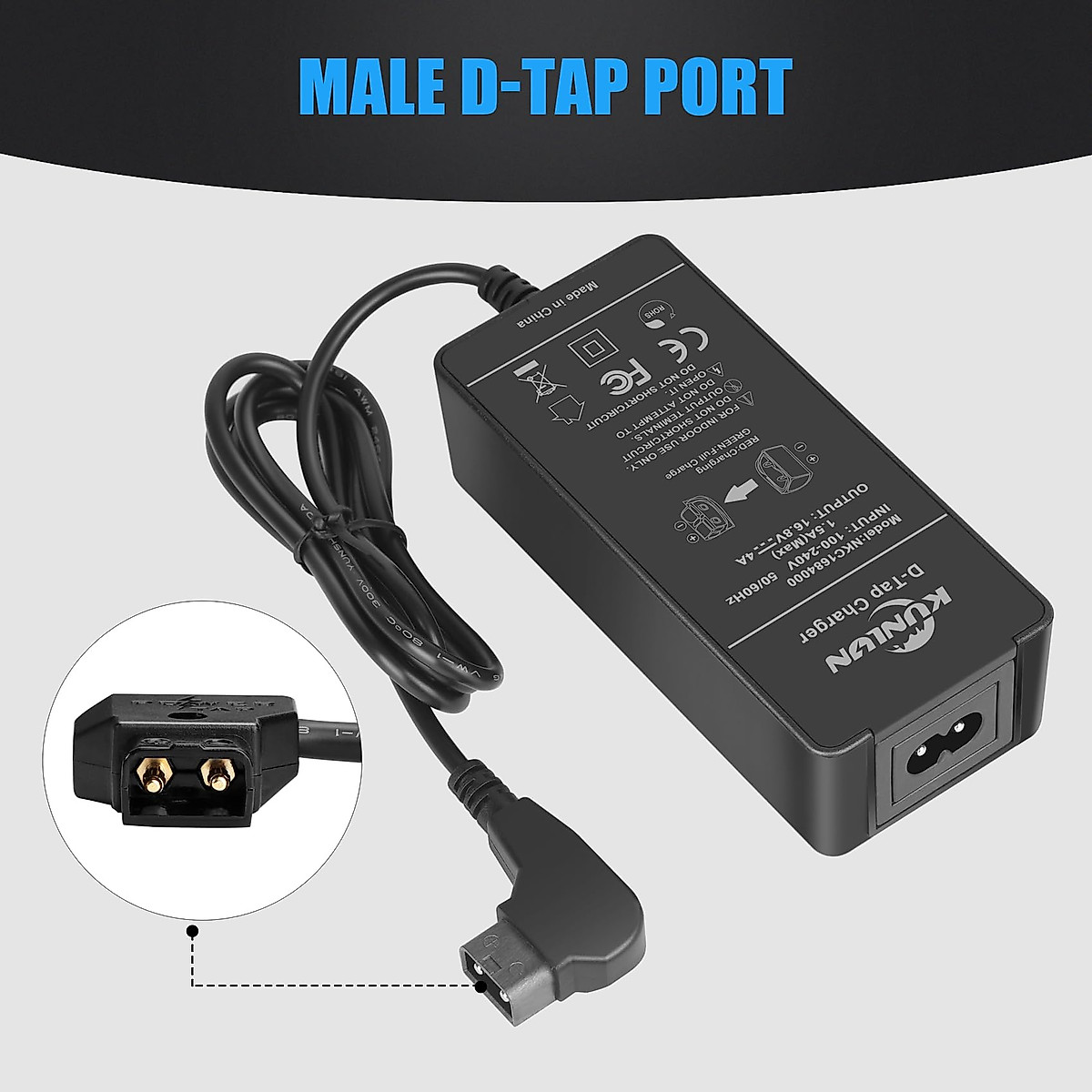 KUNLUN D-Tap Quick Charger[DC 16.8V/4A] with D Tap Cable for V-Mount/V Lock/Gold Mount Battery Charger, for Sony BP-U65 BP-U68 HDW-800P HDW-F900R PDW-680 PDW-850 DSR-650P PMW-F5