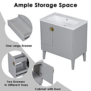 PONNYC 30" Bathroom Vanity with Sink, Freestanding Single Basin Vanity Set w/Doors and Drawer, Solid Frame and MDF Board,Modern Towel Storage Cabinet Grey Organizers for Bathroom,Bathroom Cabinet