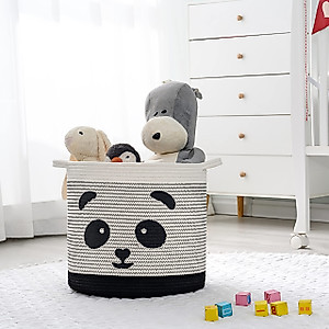 ART pinecone cotton rope basket oval woven storage basket, Cute Dog Toy Basket Cotton Basket Baby Nursery Hamper Shelf Decorative Bin,15"L x 10"W x 9"H (cute Panda, Black & White)