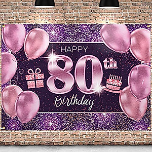 PAKBOOM Happy 80th Birthday Banner Backdrop - 80 Birthday Party Decorations Supplies for Women - Pink Purple Gold 4 x 6ft