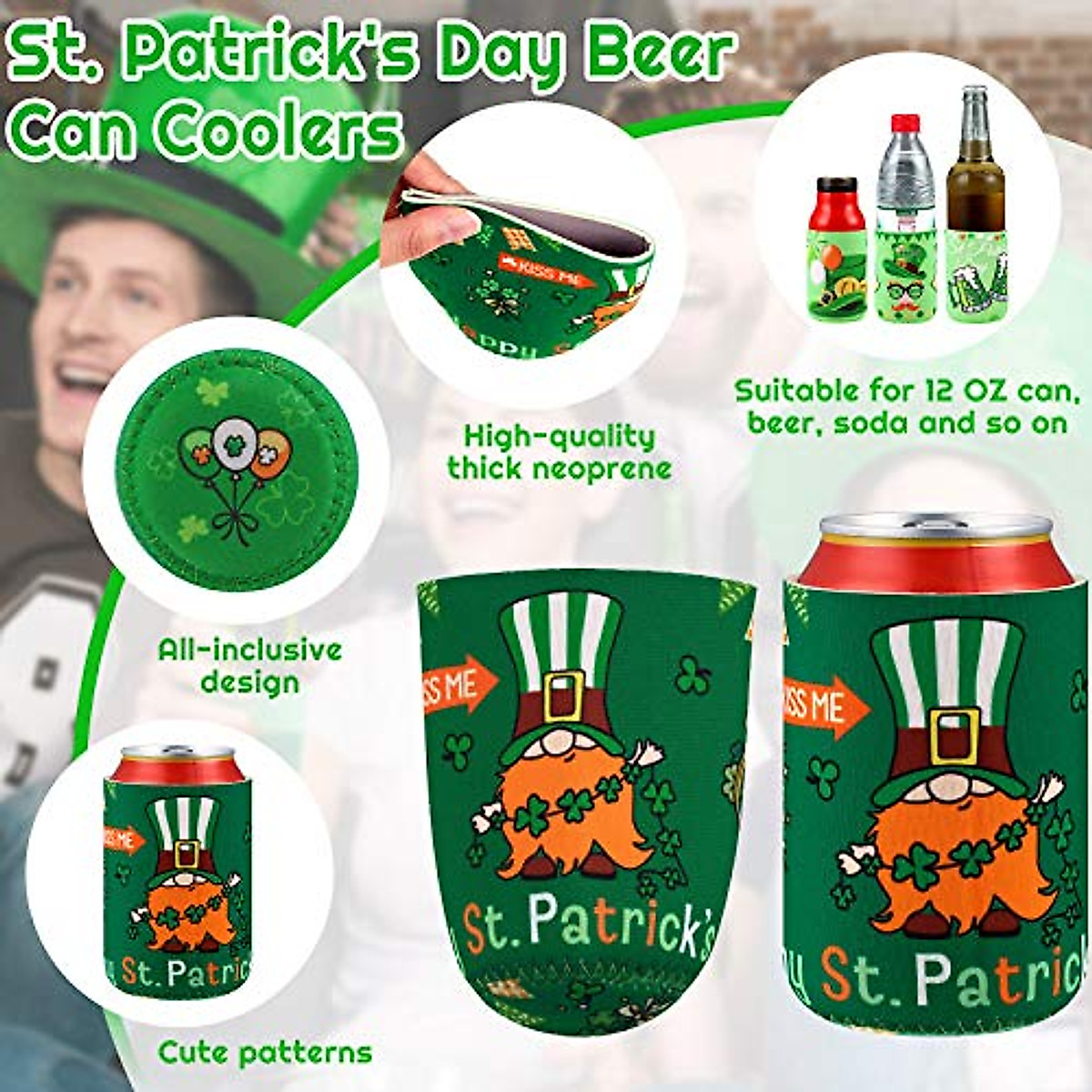 16 Pieces St. Patrick's Day Beer Coolers Sleeves Neoprene Can Insulated Covers for 12-Ounce Canned Beverages Bottle Drink in St. Patrick's Day Party Favors Decorations