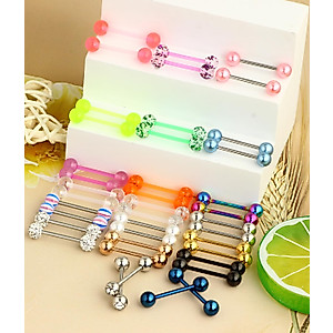 Suotarn 40pcs 14G Tongue rings For Women Stainless Steel Straight Tongue Barbell UV Acrylic Plastic Tongue Piercing Jewelry Nipple Piercings 5/8" Glow in Dark Flexible Retainer Body Jewelry for Men