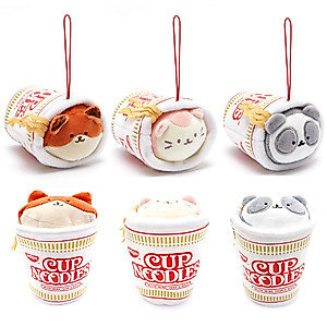 Anirollz Stuffed Animal Plush Keychain - Official Nissin Cup Noodle Ornament Charm Toy Doll | Soft, Squishy, Warm, Cute, Comfort, Safe | Birthday Gift Pillow with Kitty, Fox, Panda 3" Set of 3