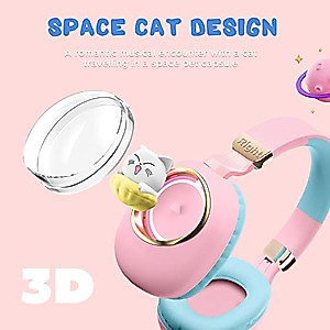QearFun 7 Colors LED Light Up 3D Cat Headphones Bluetooth, Foldable Cat Ear Wireless On Ear Earphones Gaming Headset with Mic & 3.5mm Jack, Gifts for Kids/Teen Girls/Cat Lover/iPad/Tablet（Pink）