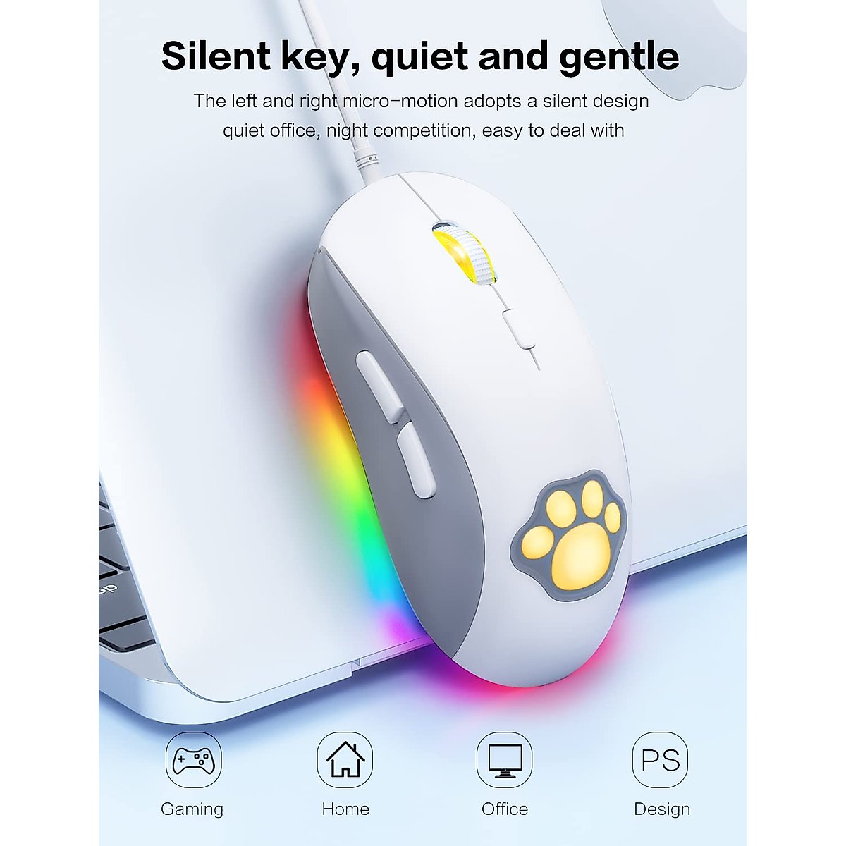 PHNIXGAM Cat Paw RGB Gaming Mouse, Silent Optical Computer Mice USB Wired with 6 Adjustable DPI Up to 7200, RGB Lighting, 6 Programmable Buttons for Windows/Vista/Linux (White)