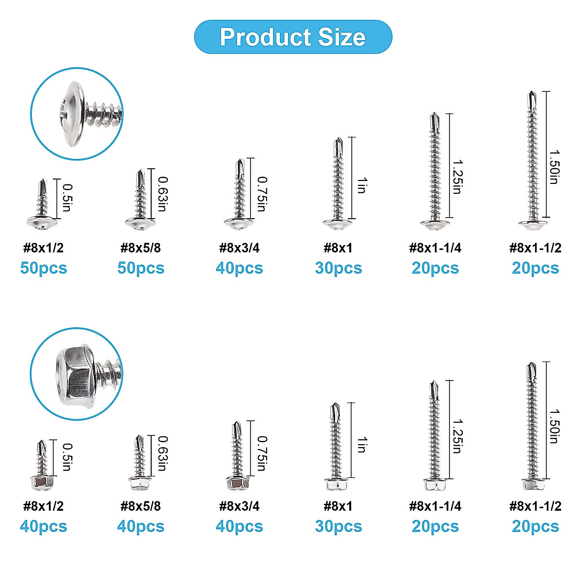 Toolly 400PCS #8 x 1/2" to 1-1/2" Self Drilling TEK Screws Assortment Kit, Hex Washer Head & Wafer Head, 410 Stainless Steel Self Tapping Sheet Metal Screws for Metal, Wood, Plastics