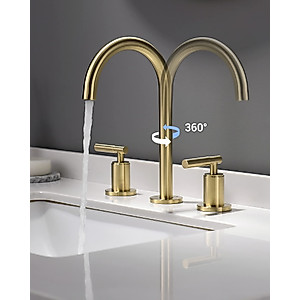 Brushed Gold Bathroom Faucet, Indare Two Handles 360° Swivel Spout Widespread 4Inch 8Inch Brass Bathroom Sink Faucet 3 Hole with Pop-Up Drain and Water Supply Lines, Upgraded Style