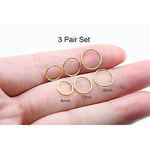 3 Pairs 14k Gold Plated Sterling Silver Small Hoop Earrings Set for Women Cartilage Nose Septum Helix Tragus Rings Multiple Piercing Jewelry, Hypoallergenic Thin Tiny Gold Hoops 6mm 7mm 8mm