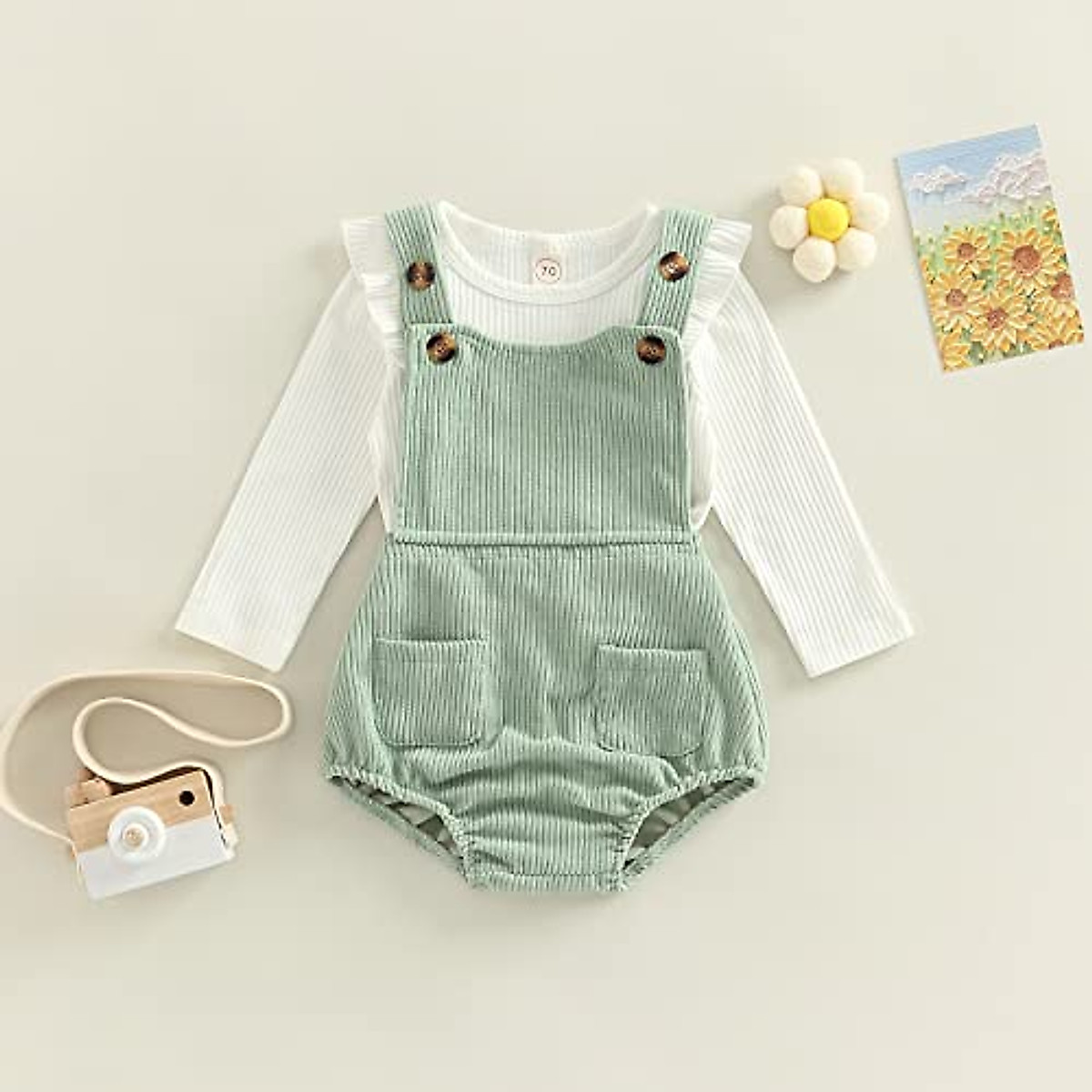 Mubineo Baby Girl Basic Plain Ruffle Long Sleeve T Shirt Corduroy Overalls Cute Clothes Outfits (White Green, 0-6 Months)