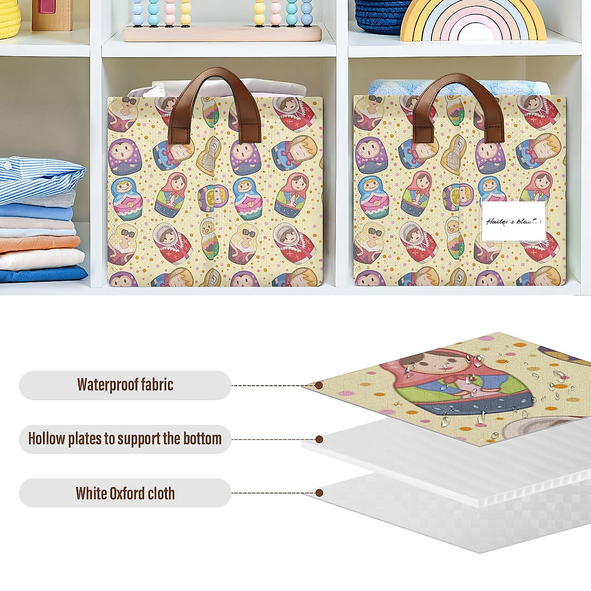 pnyoin Russian Dolls Pattern Large Capacity Storage Bins ,2 Pack Decorative Fabric Closet Bins with Handles Waterproof Foldable Rectangle Storage Boxes for Organizing Clothing, Sheets, Toys