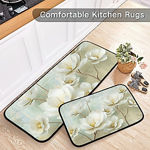 Flowers Buds Magnolia Kitchen Rugs and Mats Set 2 Piece Non Slip Washable Runner Rug Set of 2 for Floor Home Decor Sink Kitchen Laundry