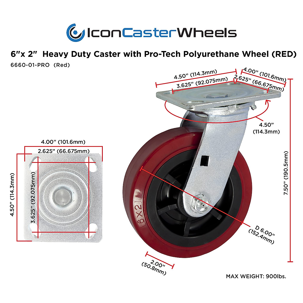 ICONCASTERWHEELS 6" x 2" Replacement Heavy Duty Industrial Casters, Top Plate 4" x 4.5", Red, Non-Marking Pro-Tech Polyurethane Wheel, Load Capacity 3600 lbs. per Set (4-Pack)