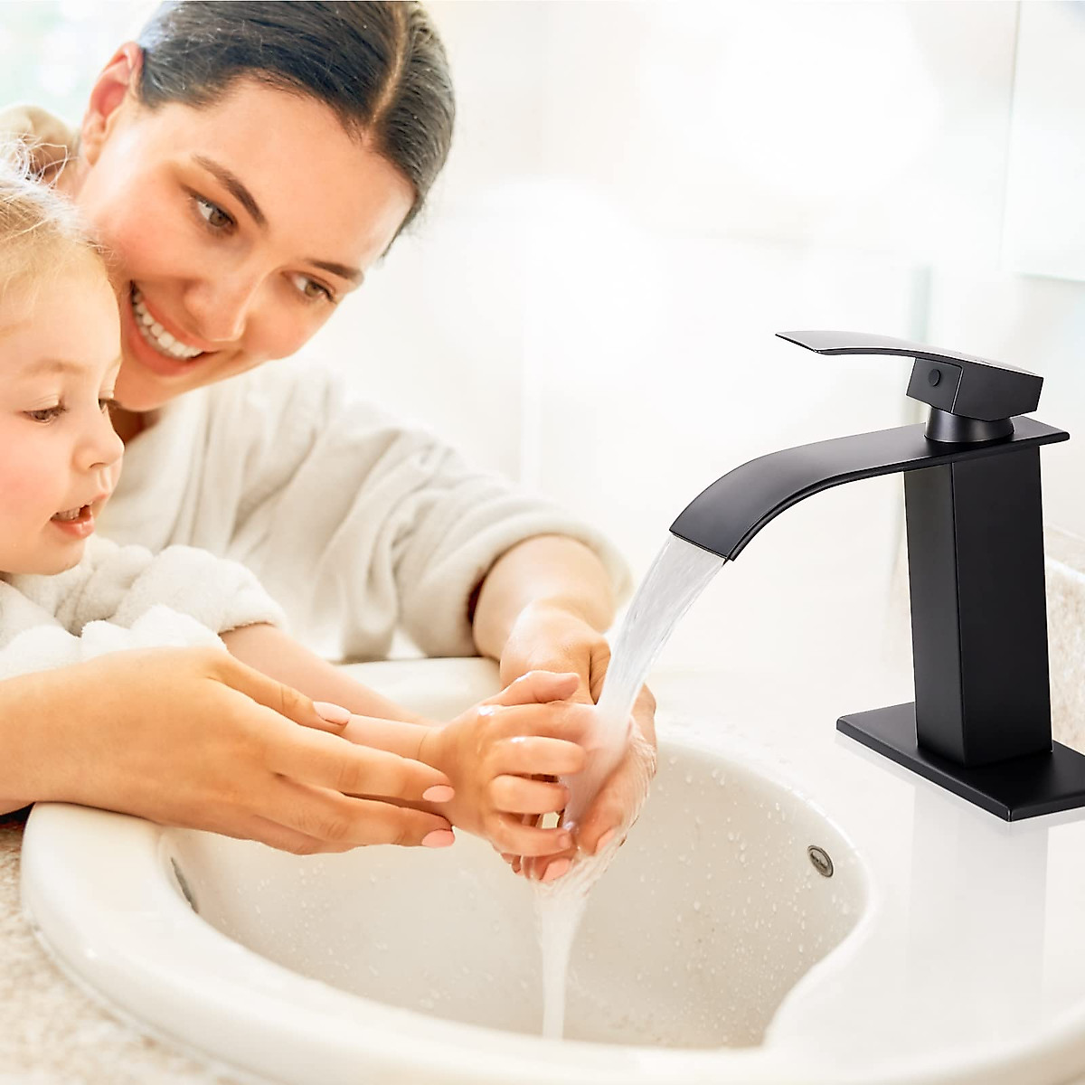 Qomolangma Waterfall Bathroom Faucet, Matte Black Modern Single Handle Bathroom Faucets for 1 or 3 Hole Bathroom Sink Faucet Mixer Tap Washbasin Faucet with Deck, Pop-up Drain and Supply Hoses