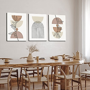 Modern Boho Wall Art Set of 3 - Abstract Geometric Line Leaf Beige Botanical Canvas Paintings Prints Wall Decor, Minimalist Wall Art for Living Room, Bedroom, Office - Framed 12x16 in