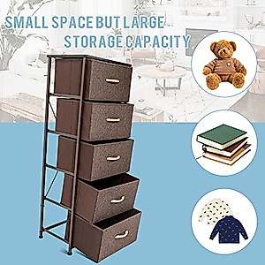 DHMAKER Fabric Dresser for Bedroom, Vertical Dresser with 5 Drawers, Storage Tower with Fabric Organizer, Tall Dresser, Dresser & Chests of Drawers for Closet, Nursery Hallway, Brown