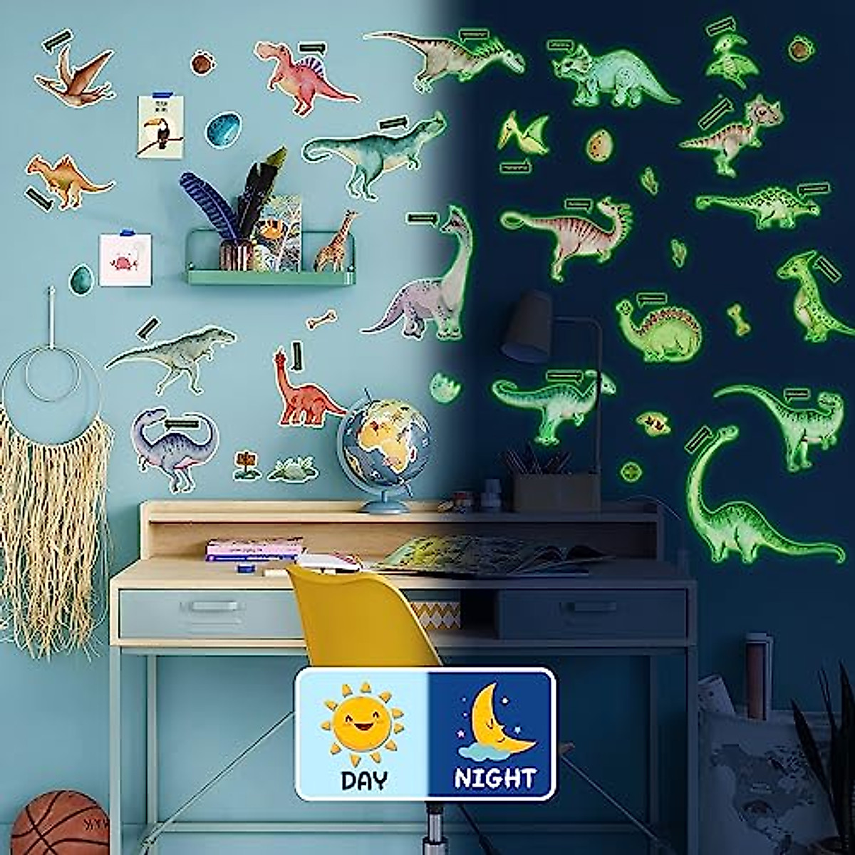 Glow in The Dark Dinosaur Wall Decals, Glowing Stickers for Ceiling, Boys Bedroom Decoration, Large Luminous Removable Dinosaur Wall Decor for Nursery, Kids Birthday Gift