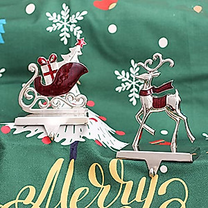 Christmas Stocking Holders for Mantle Set,Silver Christmas Stocking Hangers for Fireplace ,Deer and Sleigh Mantel Hanger Hooks for Stocking Hanging Ornament Firepiece Xmas Decor (Reindeer and Sleigh)