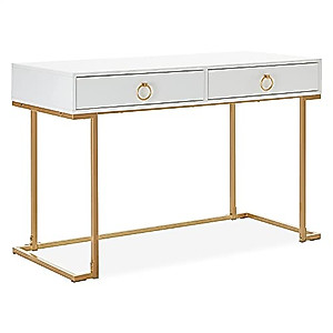 BELLEZE Modern 45 Inch Makeup Vanity Dressing Table or Home Office Computer Laptop Writing Desk with Two Storage Drawers, Wood Top, and Gold Metal Frame - Chelsea (White)