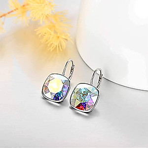 AOBOCO Sterling Silver Leverback Earrings Embellished with Crystals from Austria, Hypoallergenic Cushion Cut Square Crystal Earrings, Fine Anniversary Birthday Jewelry Gifts for Women (Aurore Boreale)