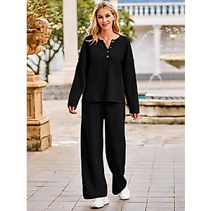 MEROKEETY Women's 2 Piece Outfit Sets Long Sleeve Button Knit Pullover Sweater and Pants Lounge Sets Black Large