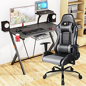 Office Chair, Ergonomic Reclining Computer Gaming Chair PU Leather Comfortable Swivel Task Home Office Desk Chair High Back with Adjustable Armrests, Black/Grey