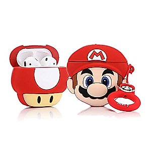 ZAHIUS Airpods Silicone Case Funny Cover Compatible for Apple Airpods 1&2 [Cartoon Pattern][Best Gift for Girl Boy](2PACK Super Mario/Super Mushroom)