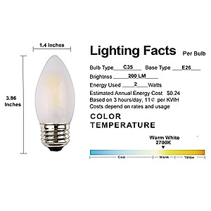 C35 LED Candelabra Bulb, 2W Dimmable, 25W Incandescent Equivalent, High CRI Warm White Light, Frosted Glass Housing, E26 Medium Base, Torpedo Tip, 3 Pack