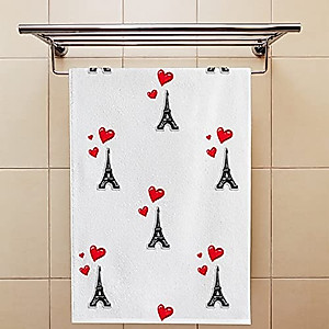 Hand Bath Towels 2 Pack Hearts and Eiffel Tower Absorbent Face Fingertip Towels for Bathroom Kitchen Gym Spa Soft Hair Drying Cloth Quick Dry, 30 x 15 Inch
