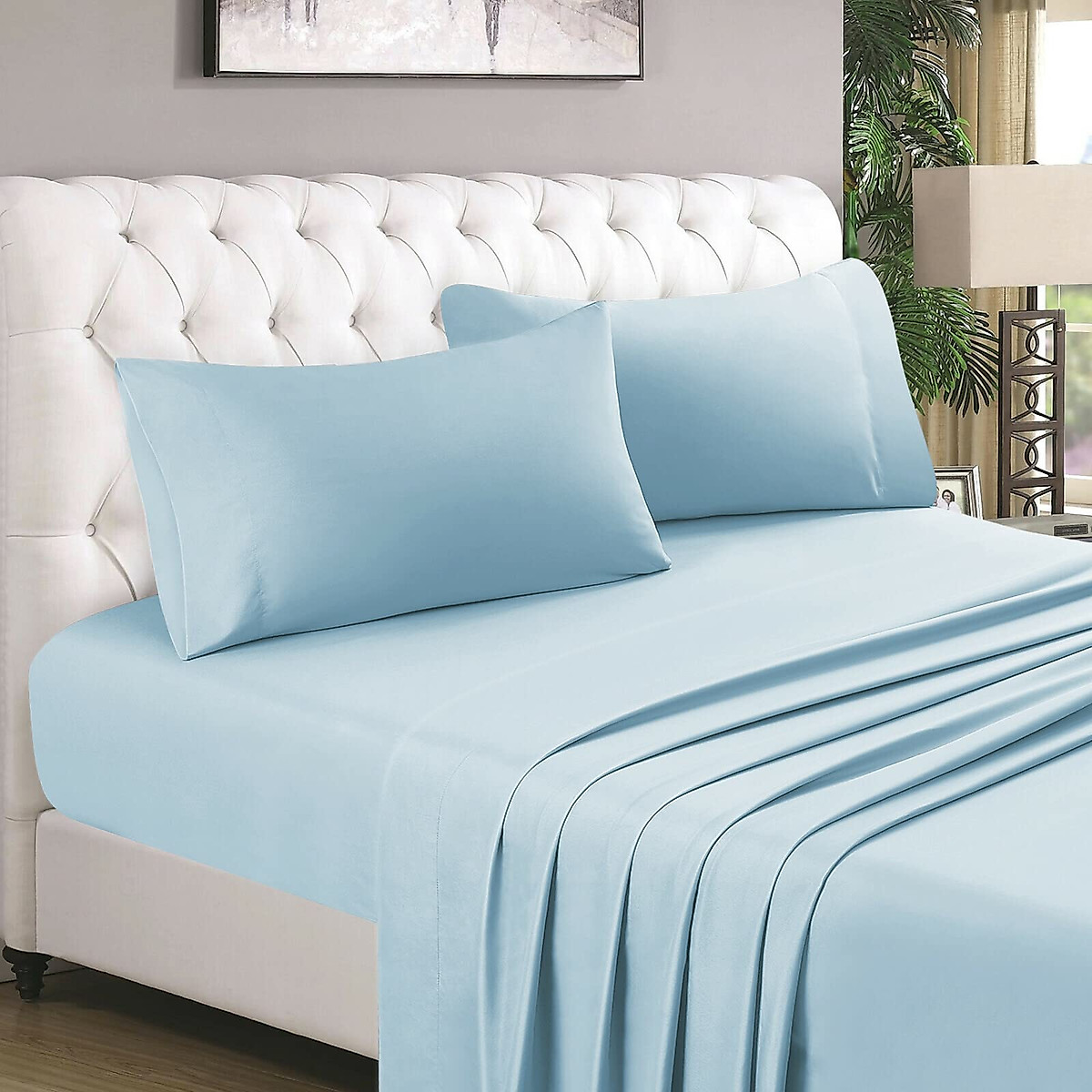 Full Size Sheet Set - 4 Piece - 100% Cotton Hotel Luxury Bed Sheets - Extra Soft - 18"–24" Deep Pocket Fitted Sheets - Breathable & Cooling Sheets - 800 Thread Count - Light Blue Bed Sheets