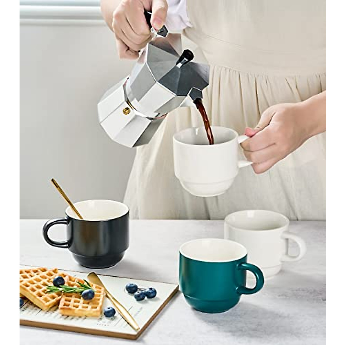 YHOSSEUN Porcelain Coffee Mug Set With Metal Stand, Ceramic Cups with Espresso Spoons, 11 Ounce Mug Set Perfect For Americano, Chocolate Drinks, Milk, Tea, Set of 4, White