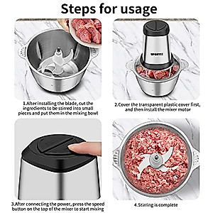 Meat Grinder Electric 2L Capacity 8 Cups Food Processor with Stainless Steel Bowl and 4 Large Sharp Blades Food Chopper Electric 2 Rotating Speed Levels with Spatula for Meat Vegetables Fruits Nuts
