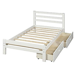 CNANXU Twin Bed Frame with Headboard and Storage Drawers, Wood Platform Bed Frames with Wooden Slat Support, No Box Sping Needed, Mattress Foundation, Easy Assemble - Twin Bed Frames (White)