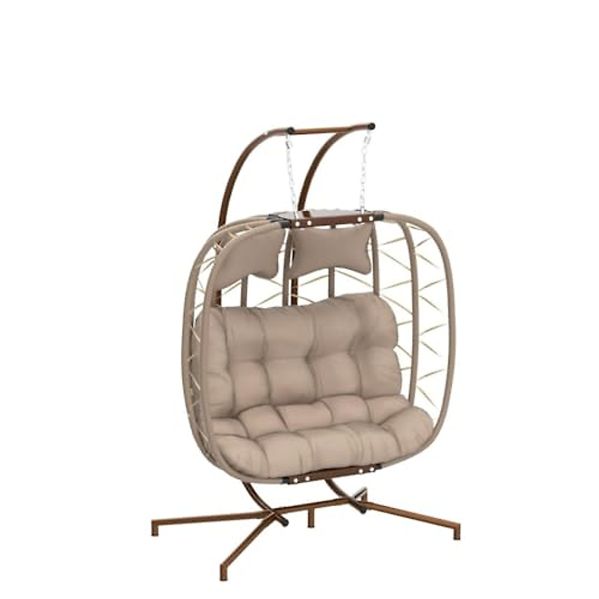 NICESOUL® Double Swing Egg Chair with Stand Large 2 Person Indoor Outdoor Wicker Patio Twins Basket Hanging Chair with Beige Cushions 510 Lbs Capaticy for Bedroom Balcony Oversized