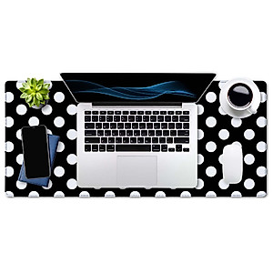 SSOIU Extended Gaming Mouse Pad (35.5x15.7 in), Large Stable Rubber Base Mousepad with Stitched Edges, Keyboard Mouse Mat Desk Pad for Work, Game, Office, Home - Black and White Polka Dot