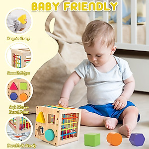 Winique Wooden Shape Sorter Toys for Toddlers 1-3 Years Old, Montessori Toys for 1 Year Old Baby Girls & Boys, Activity Cube with 8pcs Geometric Shape Blocks and Gift Box for Christmas