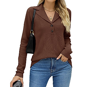 LOMON Womens Sweaters Fall 2024 V-Neck Collared Tops Winter Long Sleeve Buttons Knit Trendy Pullover Business Dressy Casual Jumper (Coffee,Medium)