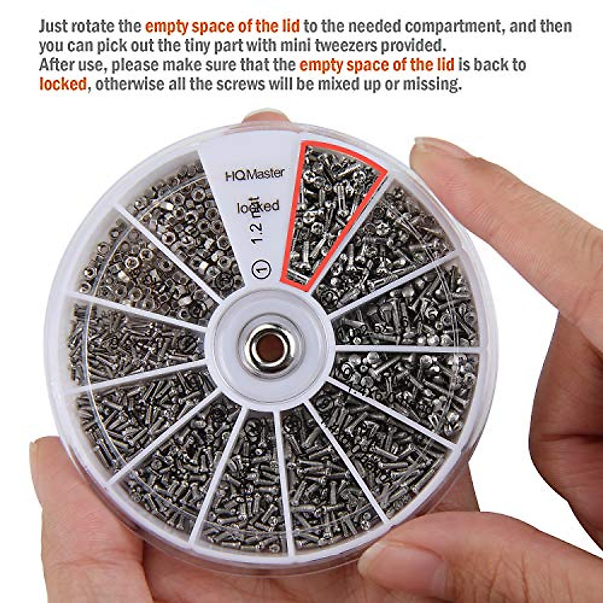 HQMaster 1000Pcs Eyeglasses Sunglass Spectacles Tiny Screws Nut Assortment Repair Tool Kit Set with Tweezer Micro Screwdriver (Round Case)