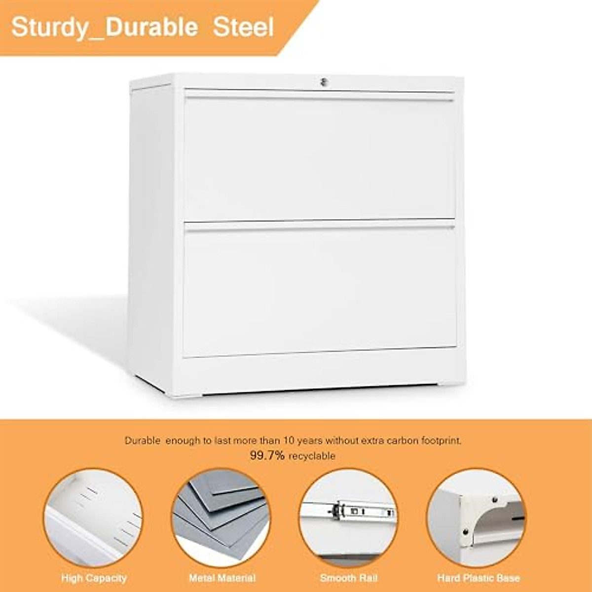 Aobabo 28.25 Inch Long Locking 2 Drawer Anti-Tilt Metal Office Storage Filing Cabinet with File Hanging Bar and 2 Keys, White