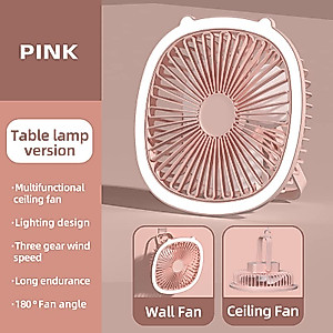 DEPOZA Rechargeable LED Desk Fan 7.5” USB Plug Table Fan with Hanging Hook Quiet 3 Speed Battery Operated for Tent Bedroom Office (Pink)