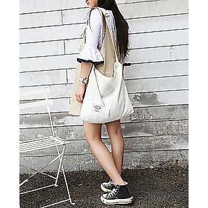 Covelin Women's Retro Large Size Canvas Shoulder Bag Hobo Crossbody Handbag Casual Tote White