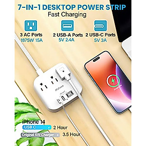 Flat Extension Cord, 5ft Ultra Flat Plug Power Strip - 3 Outlets 4 USB Ports (2 USB C) Desk Charging Station Power Strip with No Surge Protection for Cruise Ship, Travel, Dorm Room Essentials