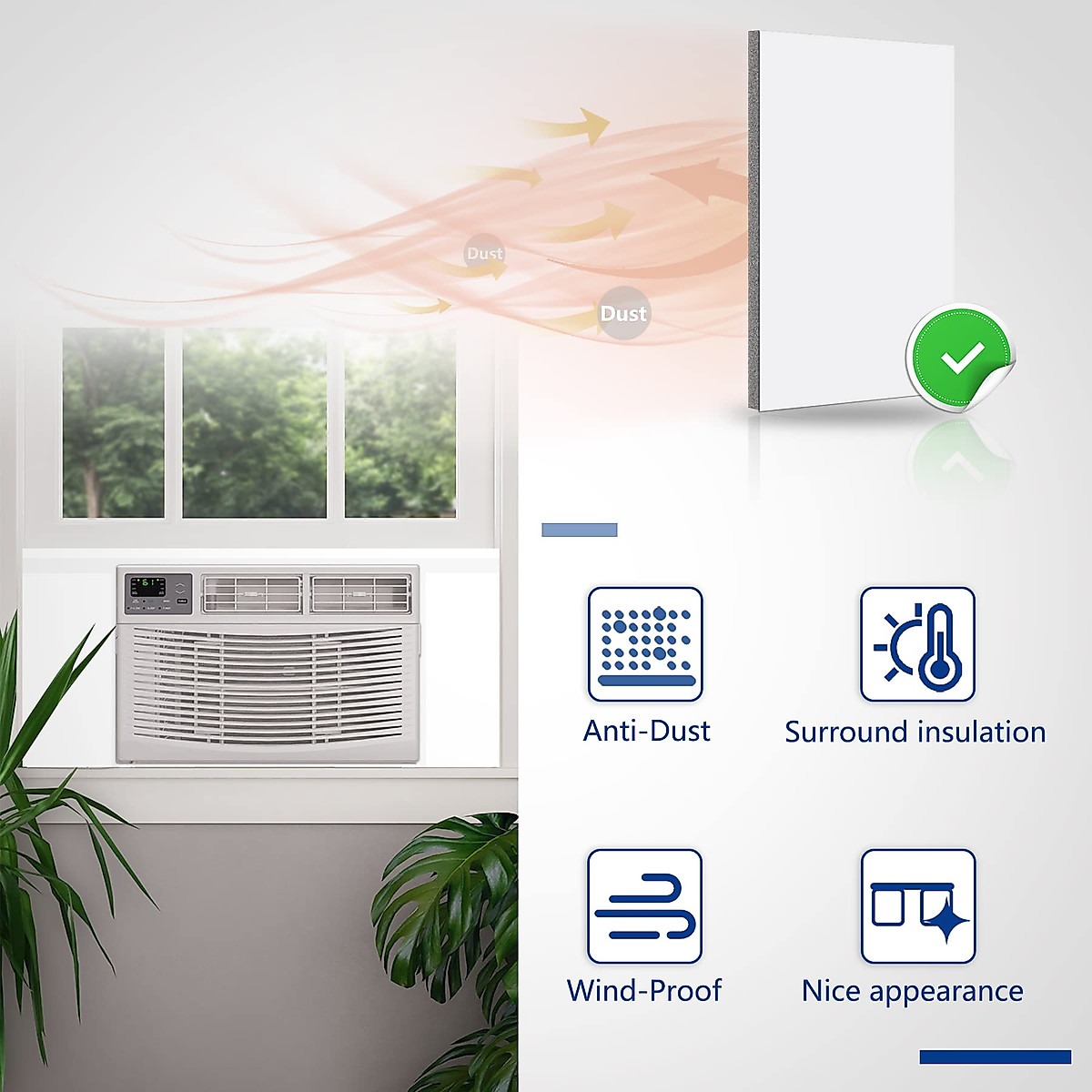 Wintcomfort Window Air Conditioner Surround Insulation Panels, White AC Side Insulated Foam Panel with Top Seal Strip for Indoor Window AC Unit