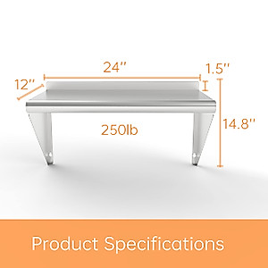 ERUPTA 12 x 24 inches 250 lb, Stainless Steel Wall Mount Floating Shelving, Commercial Stainless Steel NSF Shelf for Restaurant Kitchen, Home Kitchen, Hotel, Food Truk, Garage