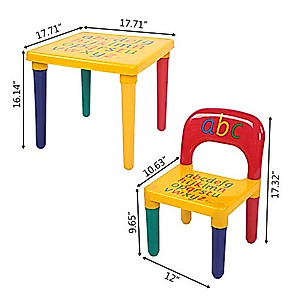 Table and Chair Set, Toddler Alphabetic Learning Activity Desk, Multicolor Children Letter Table Chair Set, Yellow & Red
