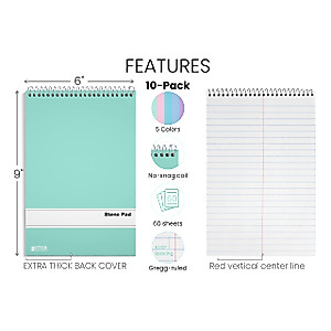 Better Office Products Spiral Steno Pads, 10 Pack, 6 x 9 inches, 80 Sheets, White Paper, Gregg Rule, Assorted Pastel Color Covers, 10 Steno Notebooks