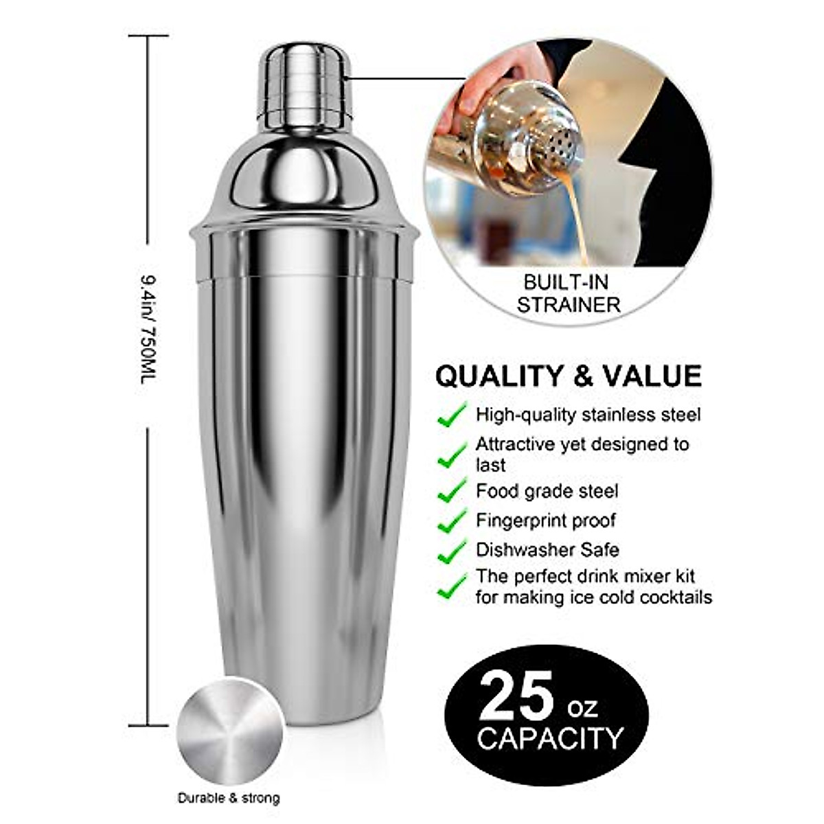 Bokhot Bartender Kit, 14 Piece Cocktail Shaker Set Stainless Steel Bar Tools with Rotating Stand, 25 oz Shaker Tins, Jigger, Spoon, Pourers, Muddler, Strainer, Tongs, Bottle Stoppers, Opener, Recipes