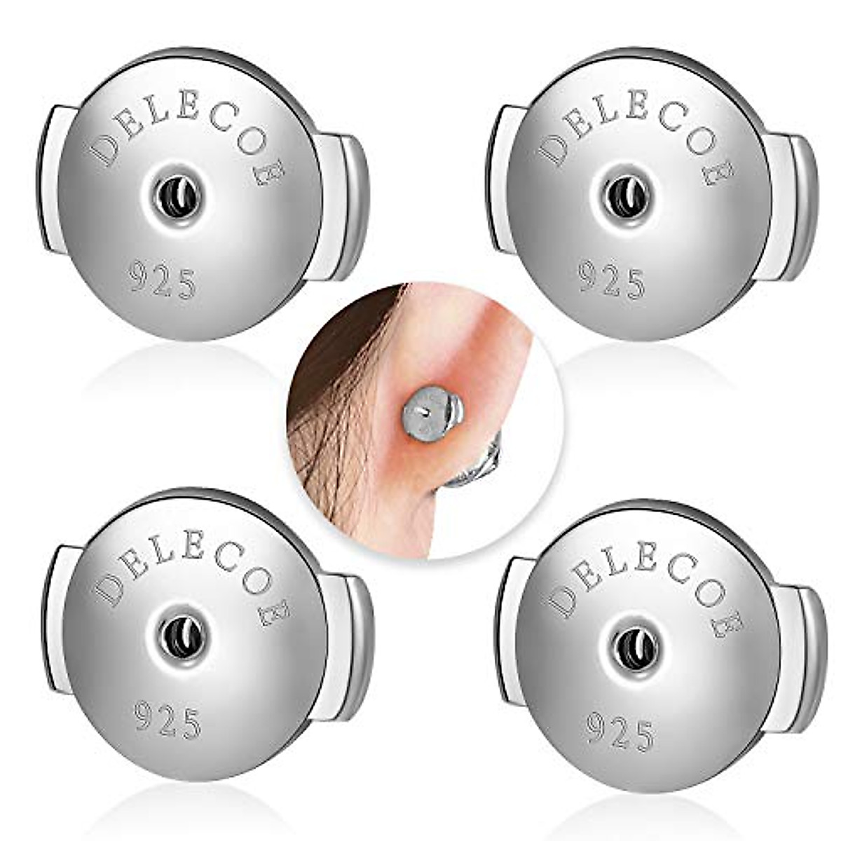 2 Paris Sterling Silver Locking Earring Backs Replacements for Diamond Studs, 18K White Gold Plated Screw Earring Backs, Secure Hypoallergenic Secure Earring Backs, No Fading Comfort Earring Backs