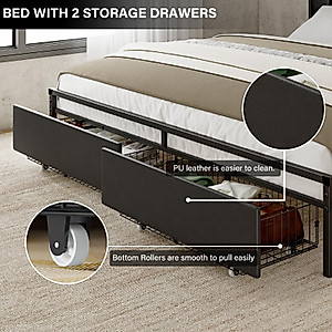 LUXOAK Queen Bed Frame with 2 Storage Drawers, 2-Tier Storage PU Headboard with Charging Station& LED Lights, Metal Platform Bed/No Box Spring Needed/Noise Free/Black